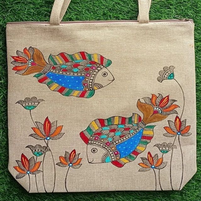 Madhubani Hand Painted Jute Shopping Bags Beautifully Designed With Cotton Webbing and Zipper ...