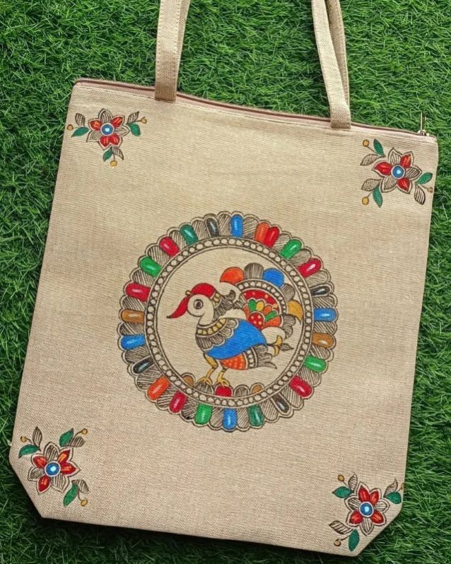 Madhubani Hand Painted Jute Shopping Bags Beautifully Designed With Cotton Webbing and Zipper ...
