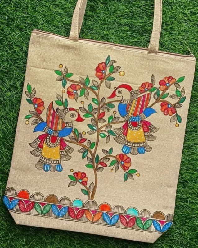 Madhubani Hand Painted Jute Shopping Bags Beautifully Designed With Cotton Webbing and Zipper ...